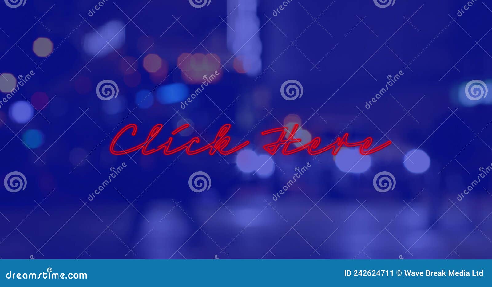 Image of Click Here Text Over Cityscape at Night on Blue Background ...