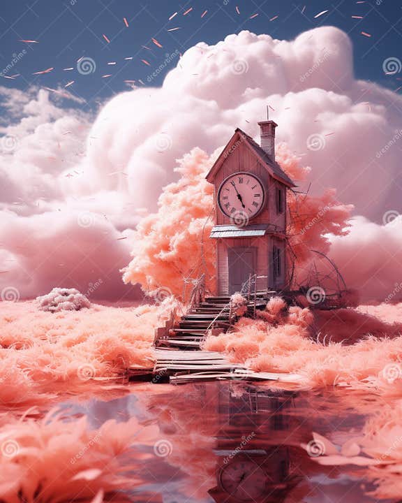 An Image of a Clock Tower Surrounded by Pink Clouds Stock Illustration ...