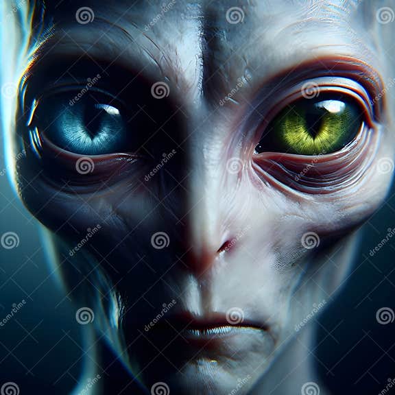 Image of Close Up Face of an Alien with Different Blurred Eyes Colored ...