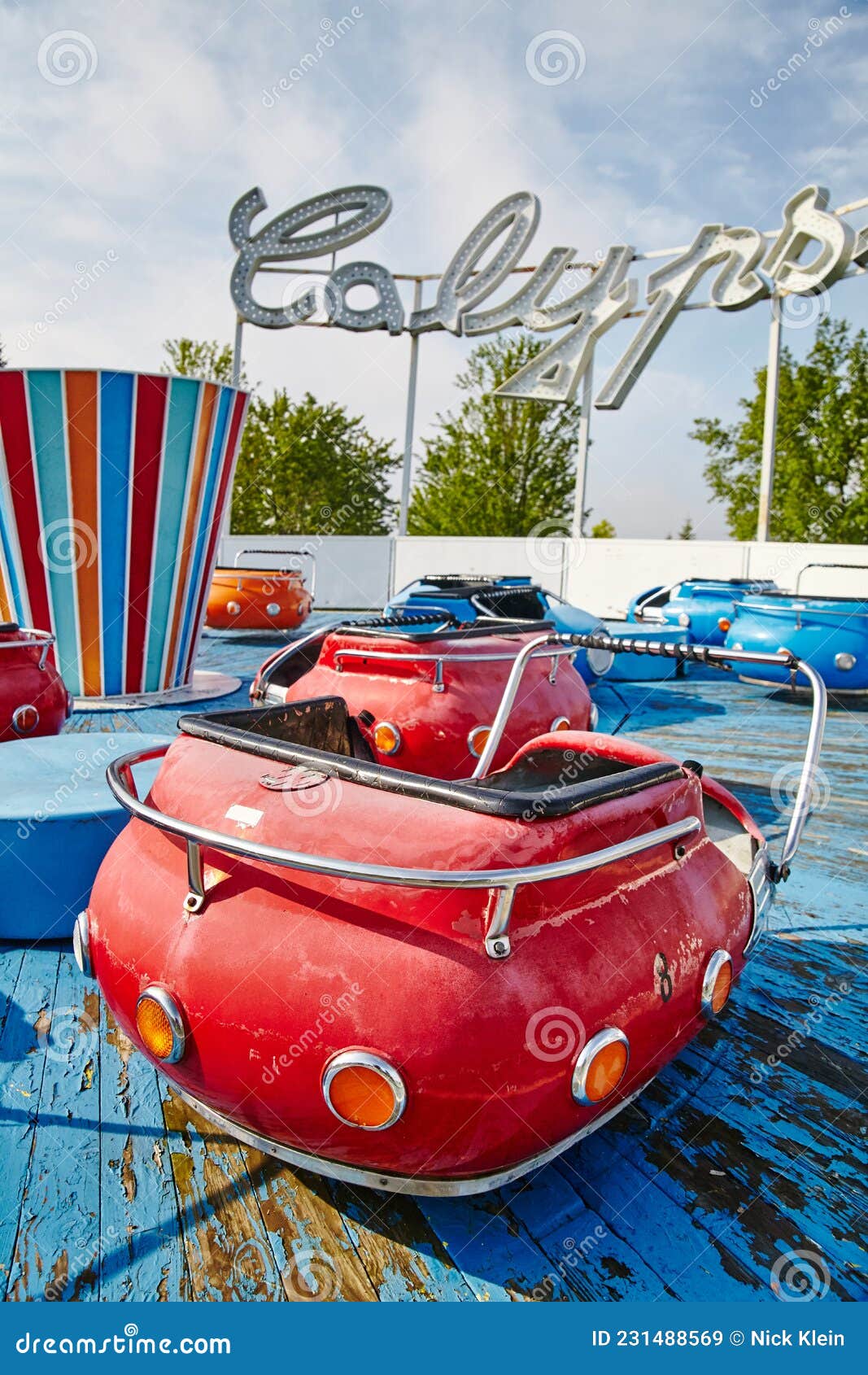 Close-up of a Red Bumper Car at an Abandoned Theme Park on a Blue Base ...