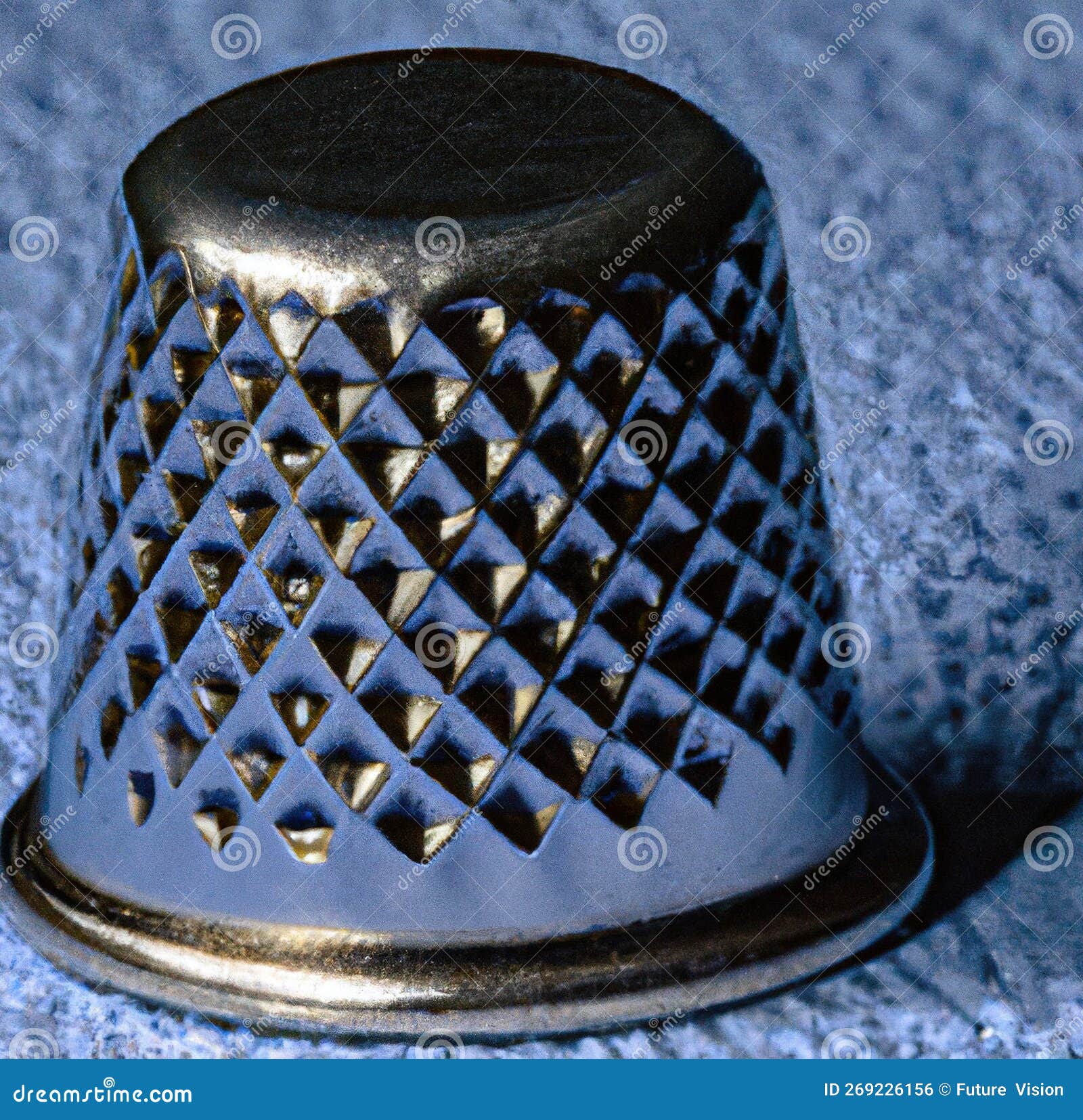 Image of Close Up of Silver Thimble on Blue Fabric Background Stock ...