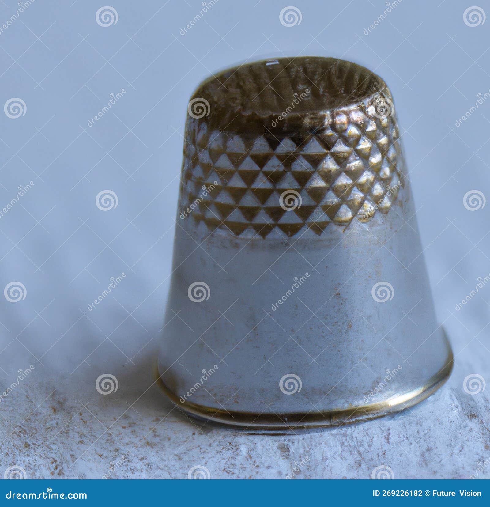 Image of Close Up of Silver Thimble on Blue Fabric Background Stock ...