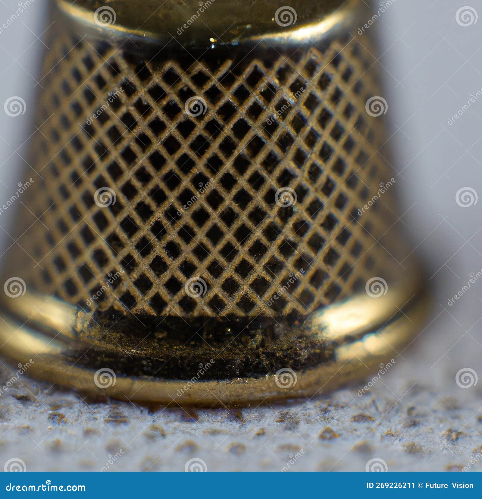 Image of Close Up of Silver Thimble on Grey Patterned Fabric Background ...