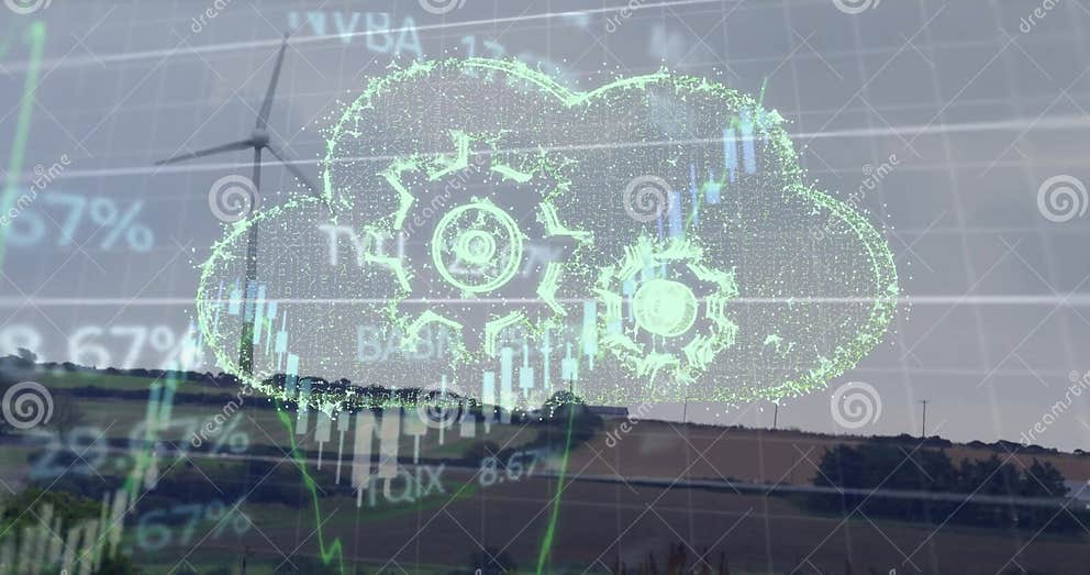 Image of Cloud with Cogs and Financial Data Processing Over Wind ...