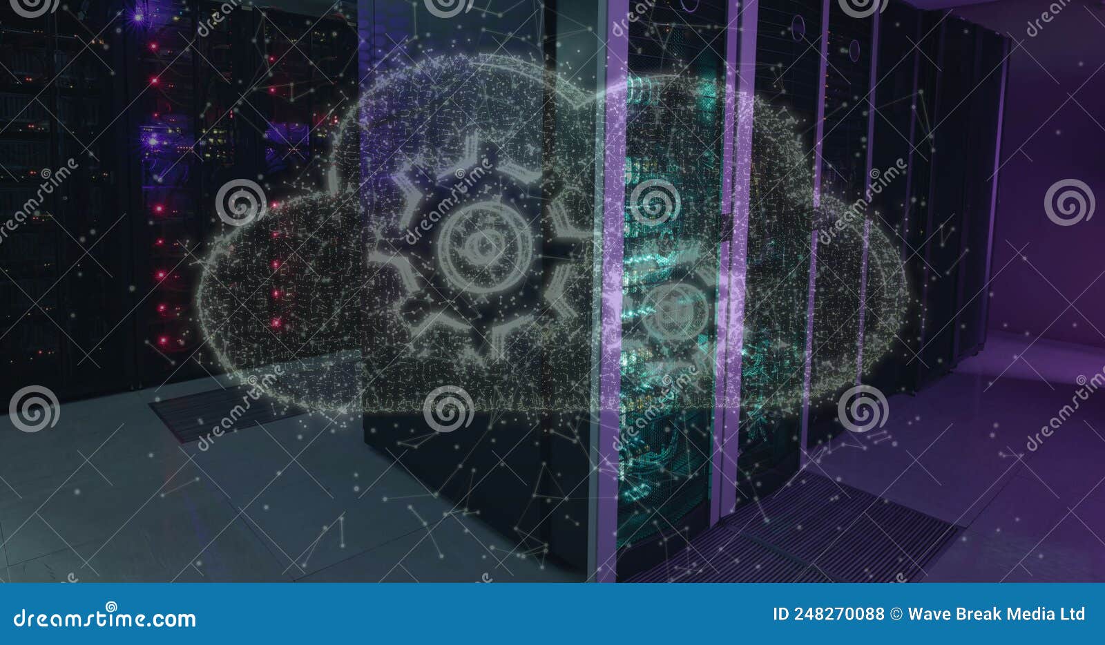 Image of Cloud with Cogs Icon Over Server Room Stock Illustration ...
