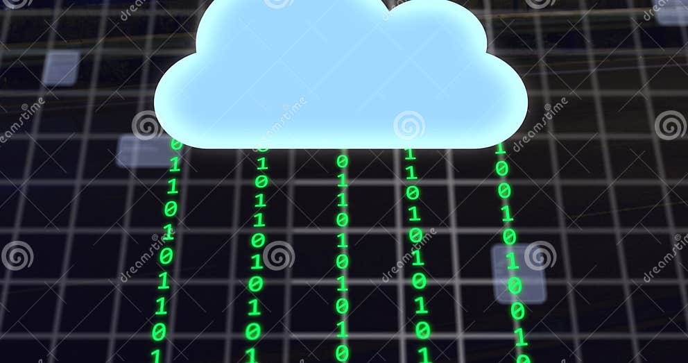 Image of Cloud, Network of Globe on Screen Icons with Binary Coding Over Grid Stock Illustration ...