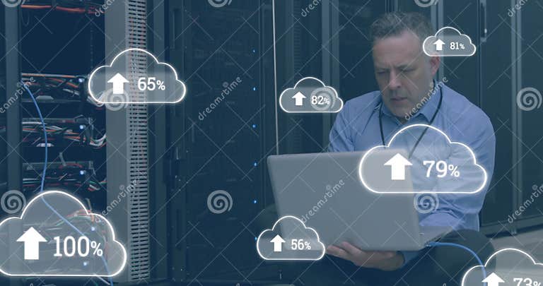 Image of Clouds with Numbers Over Stressed Caucasian Man Working on ...