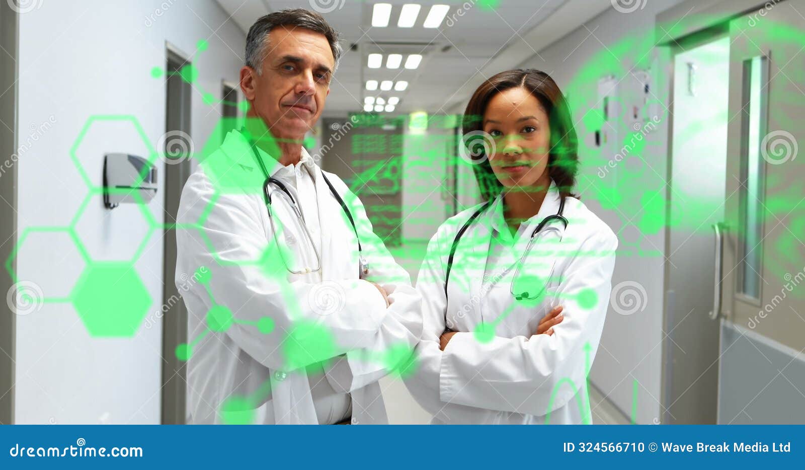 Image of Codes, Brain, Molecules Over Diverse Doctors with Arms Crossed ...