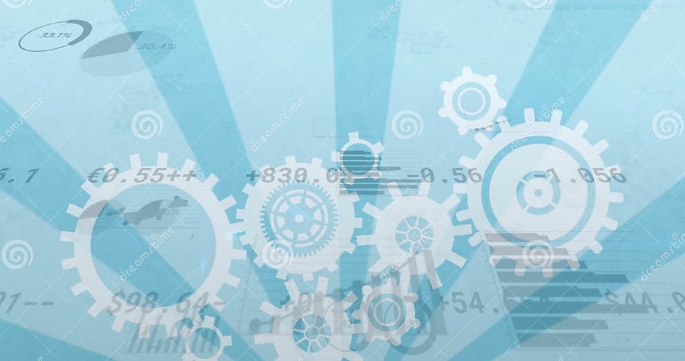 Image of Cogs and Data Processing Over Stripes on Blue Background Stock ...