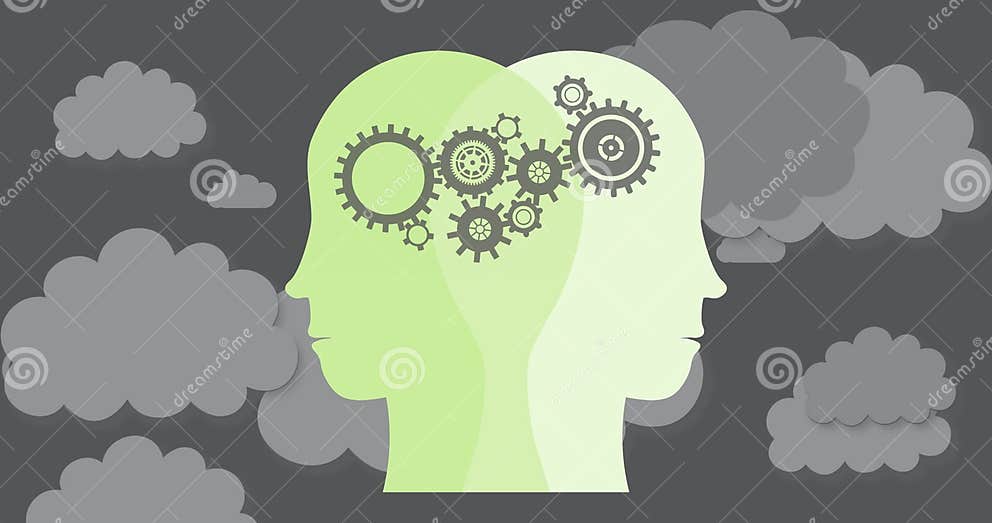 Image of Cogs Over Green Faces on Grey Cloudy Background Stock Photo ...