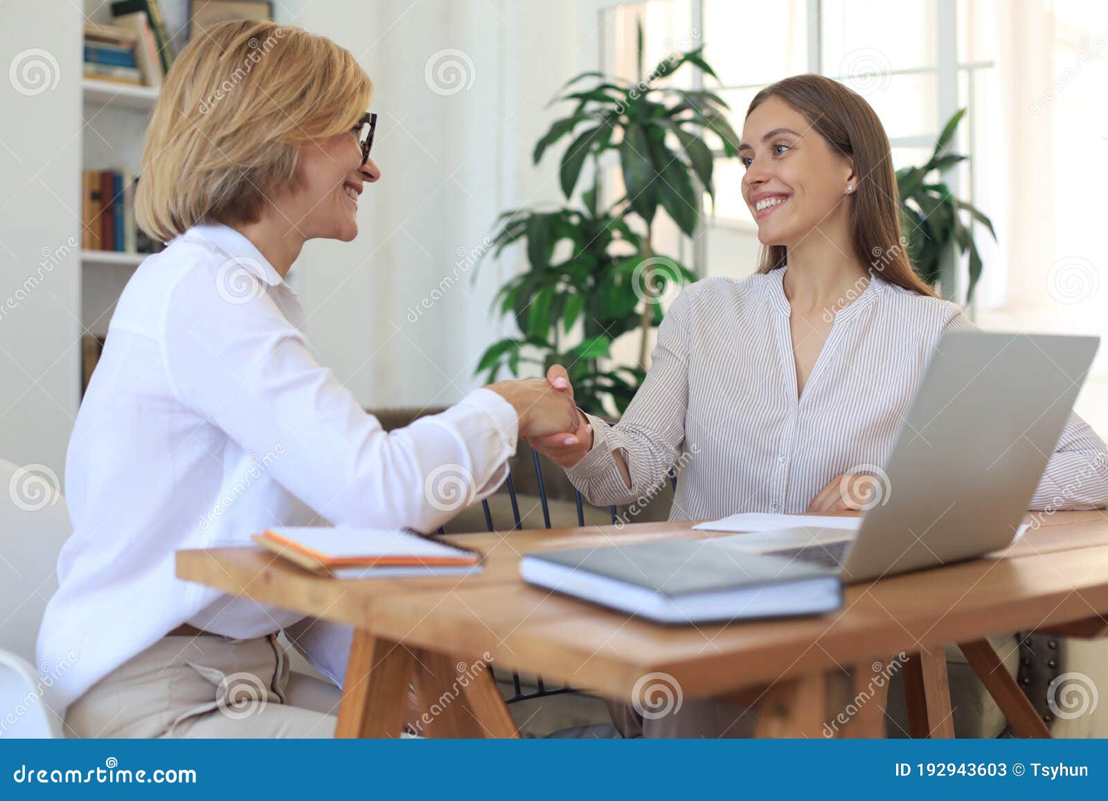 Image of Collegues Discussing Documents and Shaking Hands Stock Image ...