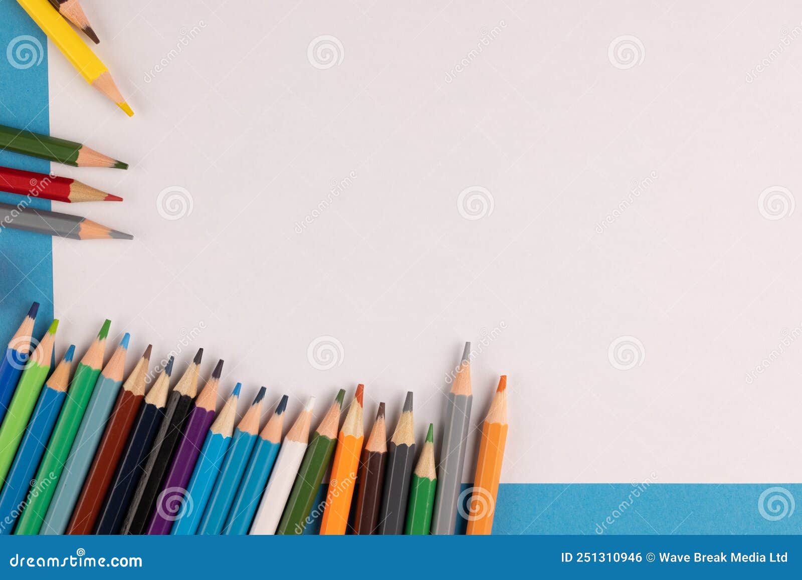 Image of Colorful Crayons White Sheet of Paper on Blue Background Stock ...