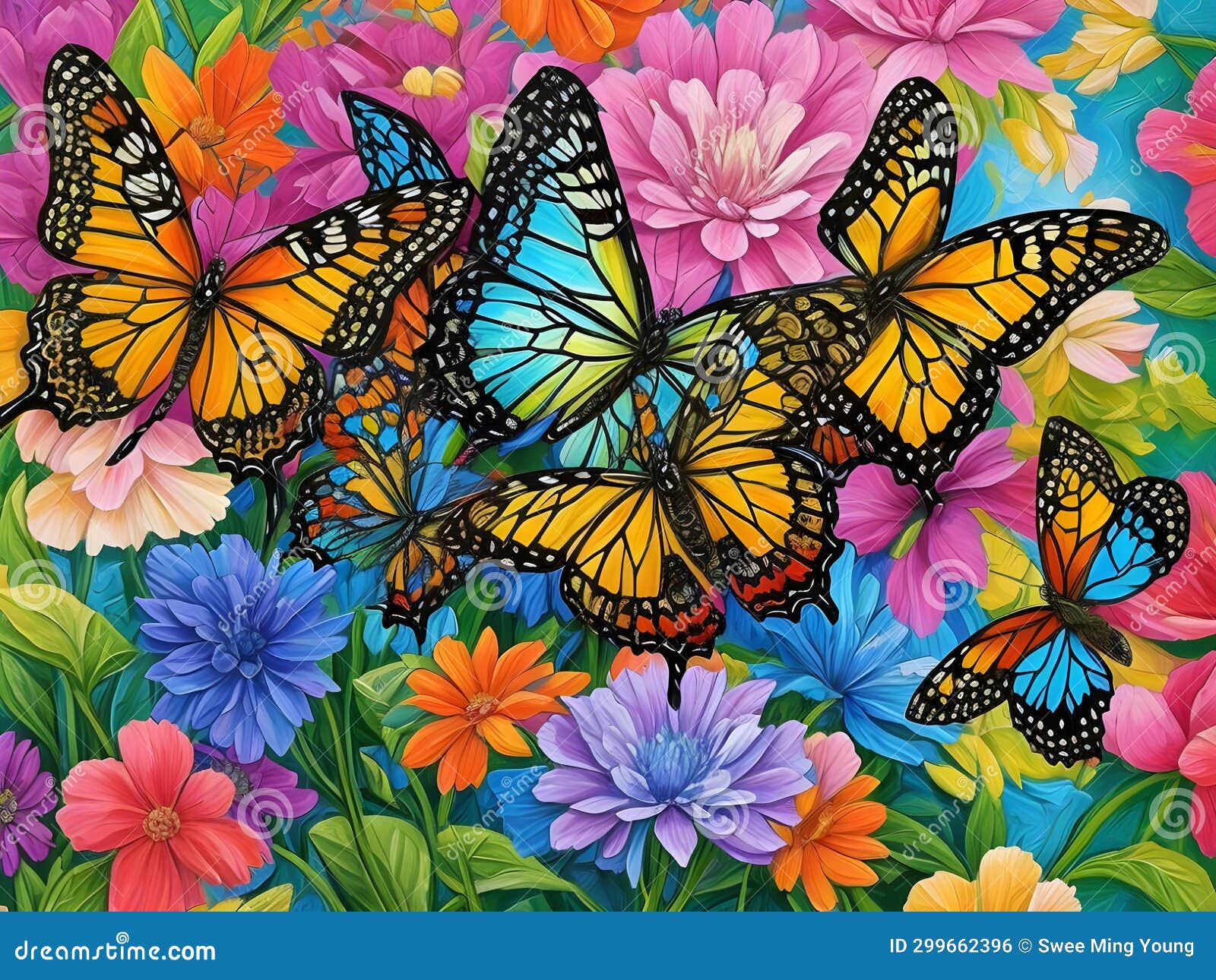 Image of Colorful Flowers and Butterflies in Medium Impasto Style. Stock Illustration ...