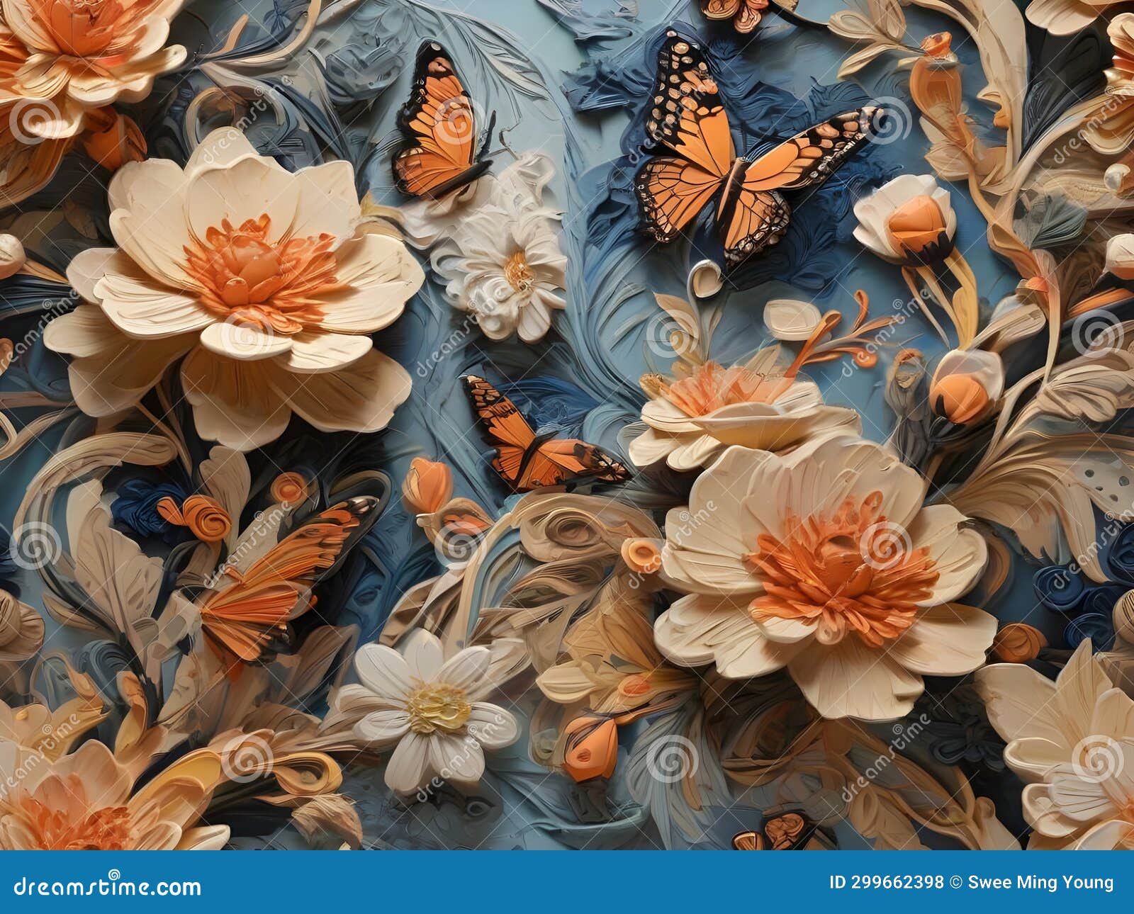 Image of Colorful Flowers and Butterflies in Medium Impasto Style. Stock Illustration ...