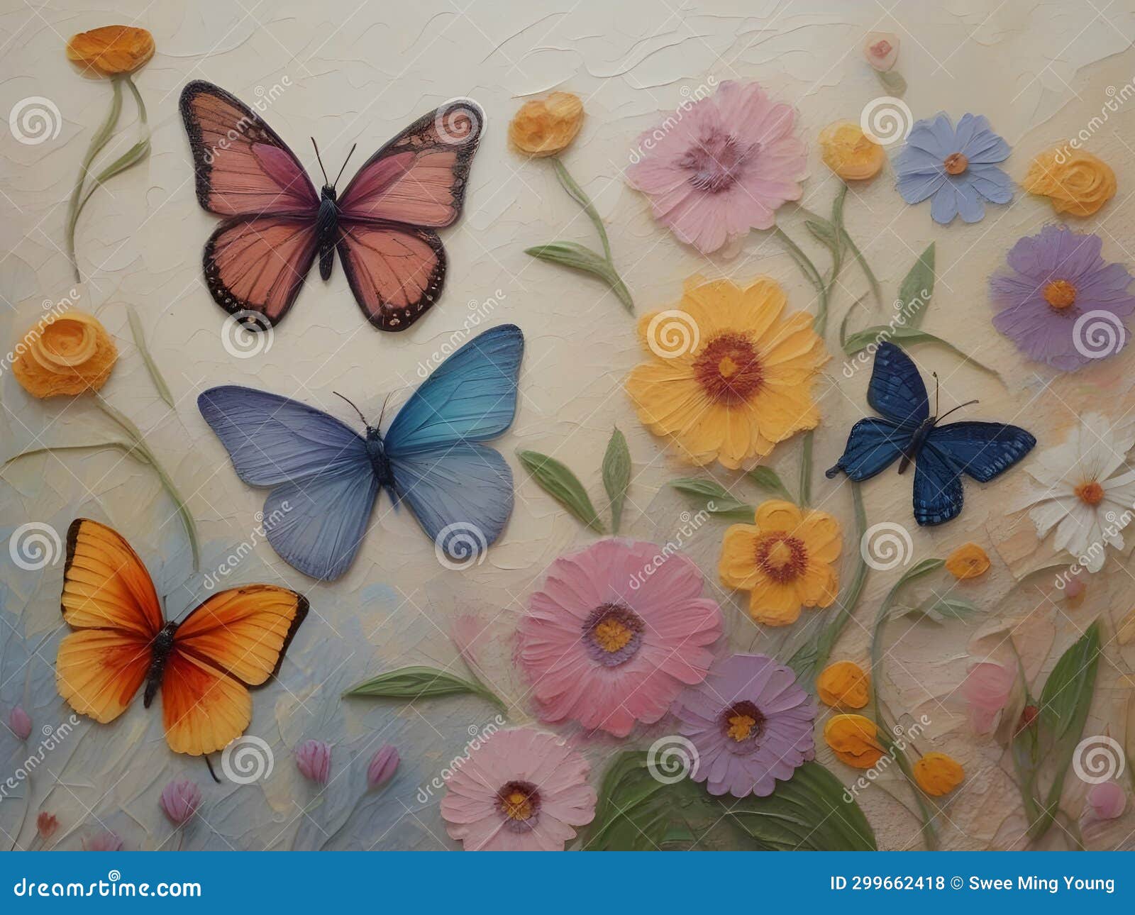 Image of Colorful Flowers and Butterflies in Medium Impasto Style. Stock Illustration ...