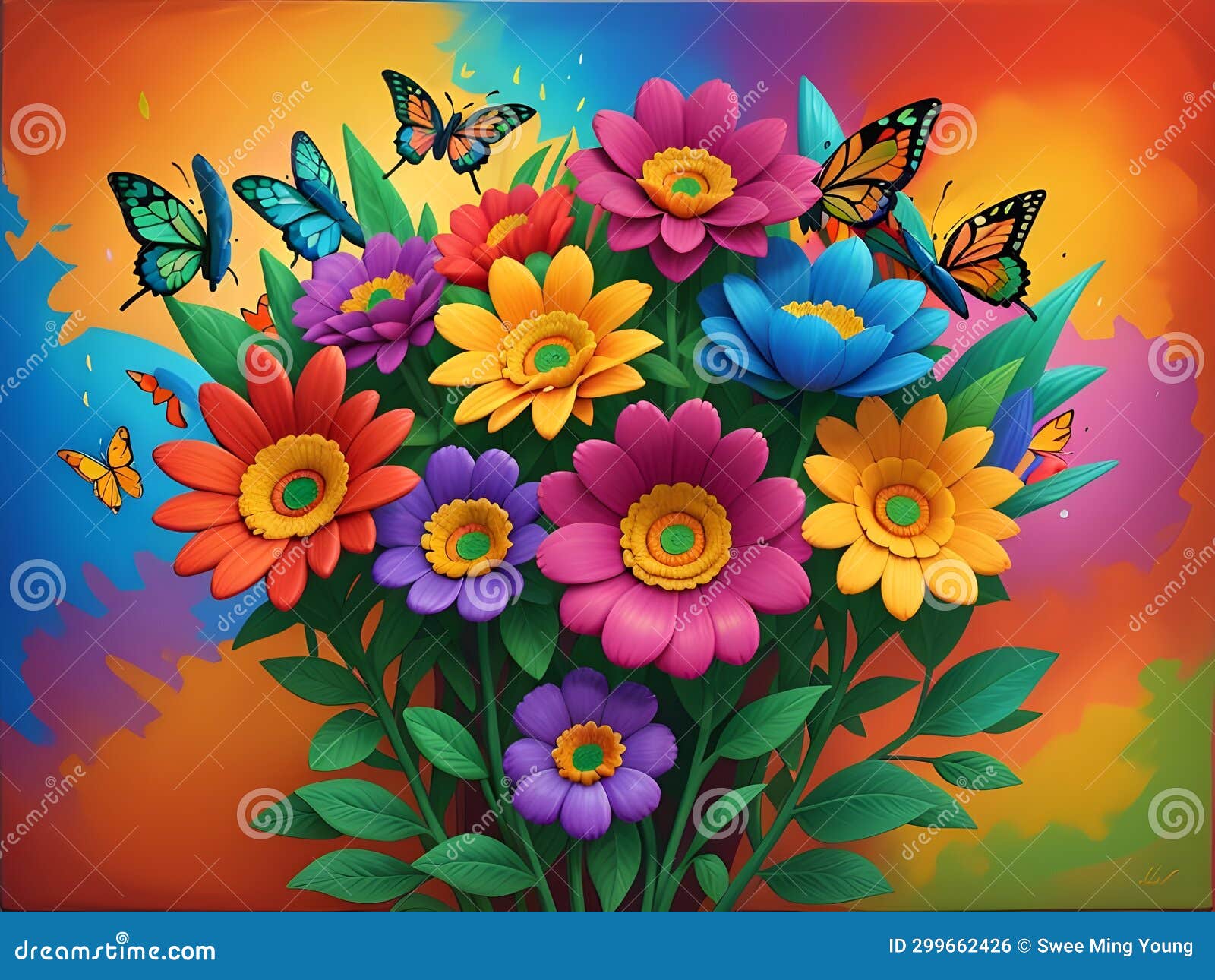 Image of Colorful Flowers and Butterflies in Medium Impasto Style. Stock Illustration ...
