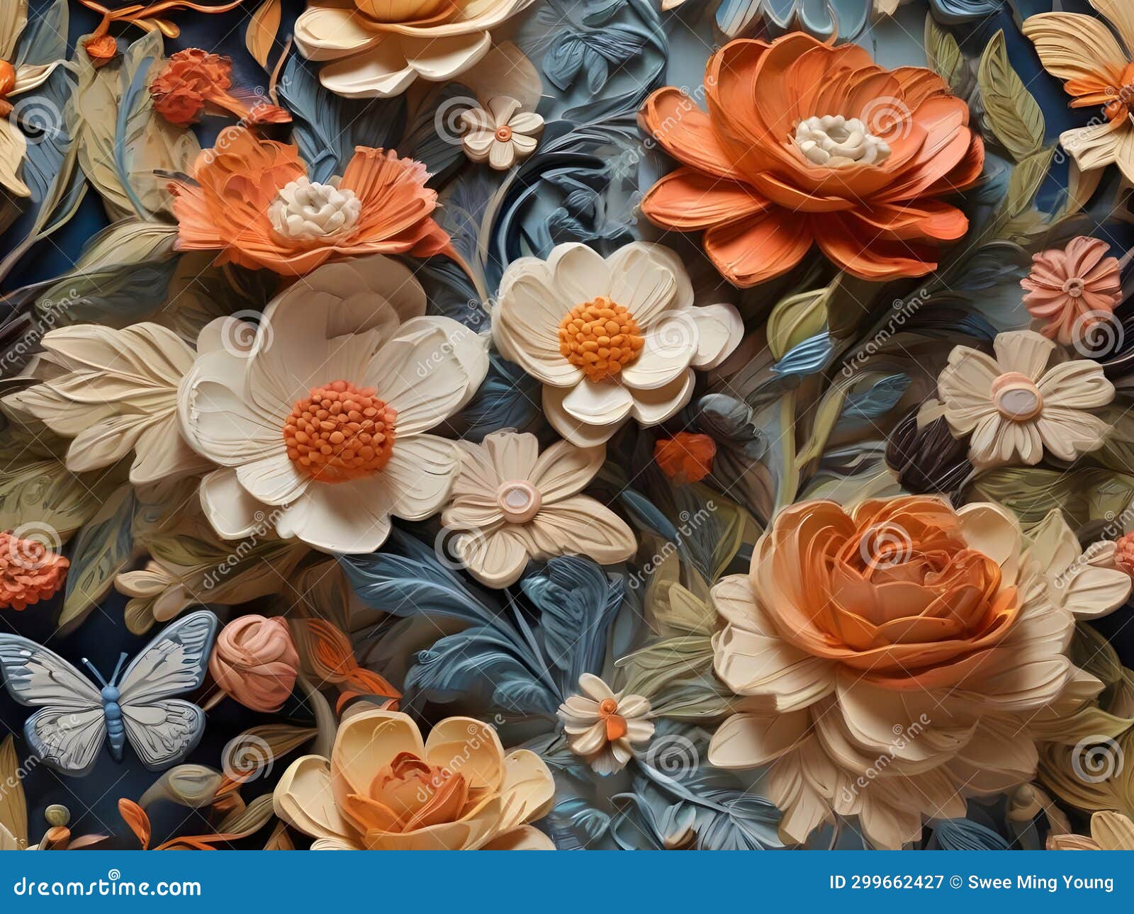 Image of Colorful Flowers and Butterflies in Medium Impasto Style. Stock Illustration ...