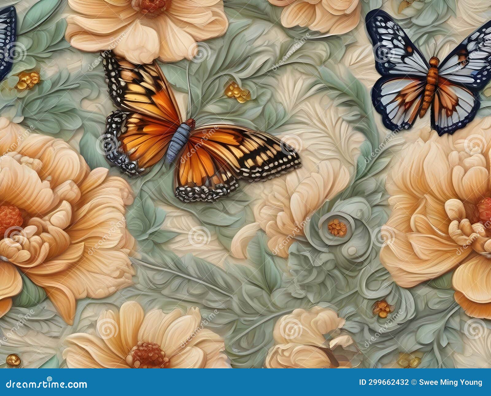 Image of Colorful Flowers and Butterflies in Medium Impasto Style. Stock Illustration ...