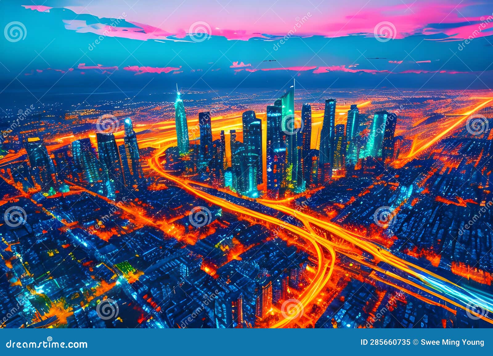 Image of the Colorful Night City Skyscraper Landscape Illuminated ...