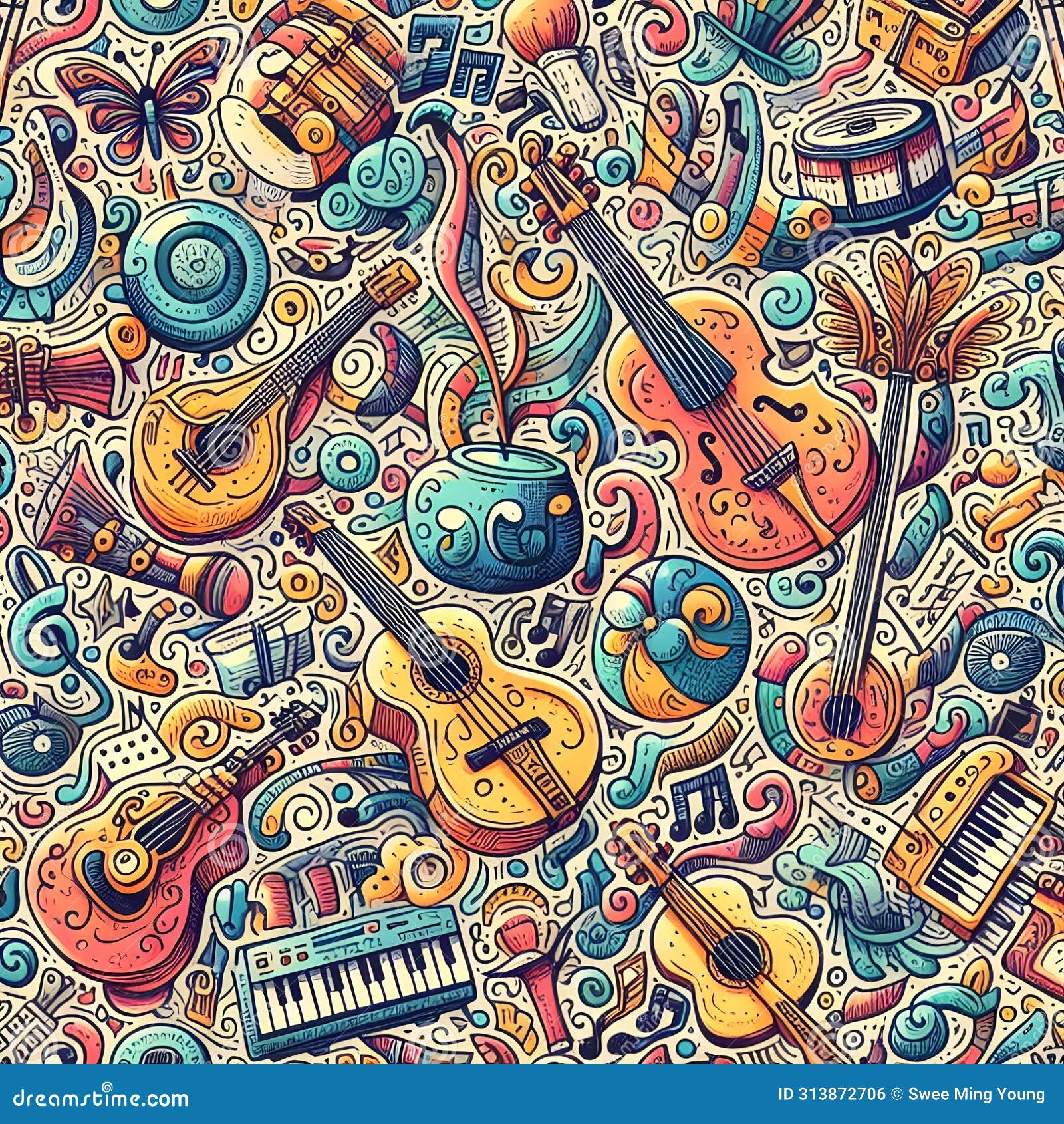 Image of Colorful Seamless Pattern with Doodled Musical Instruments and ...