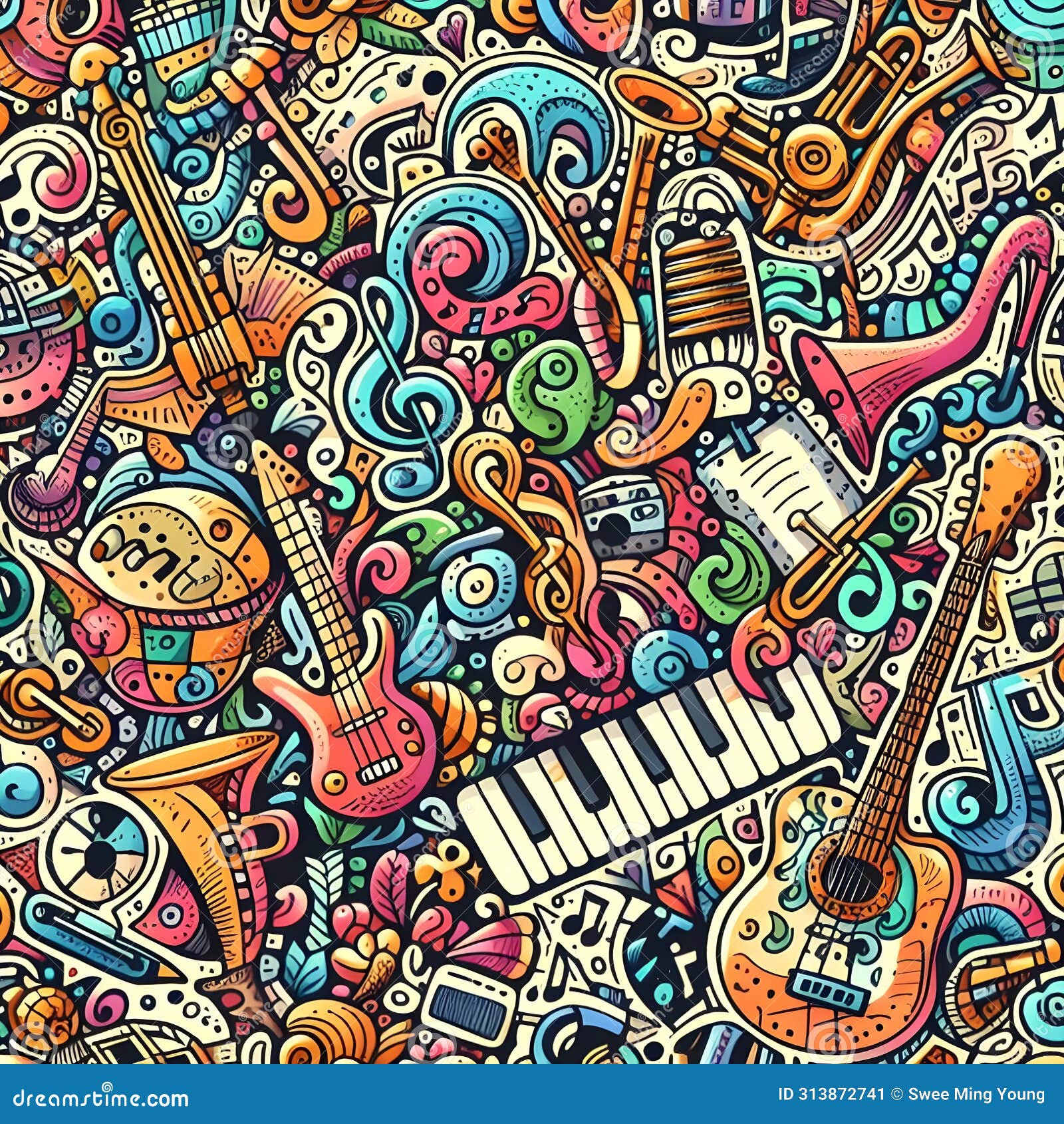 Image of Colorful Seamless Pattern with Doodled Musical Instruments and ...