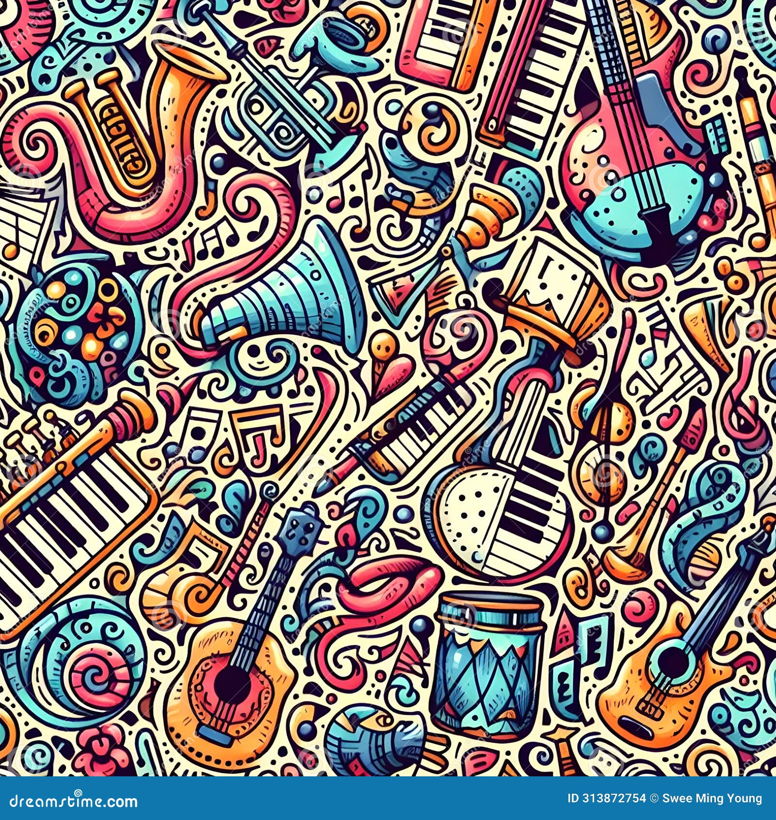 Image of Colorful Seamless Pattern with Doodled Musical Instruments and ...