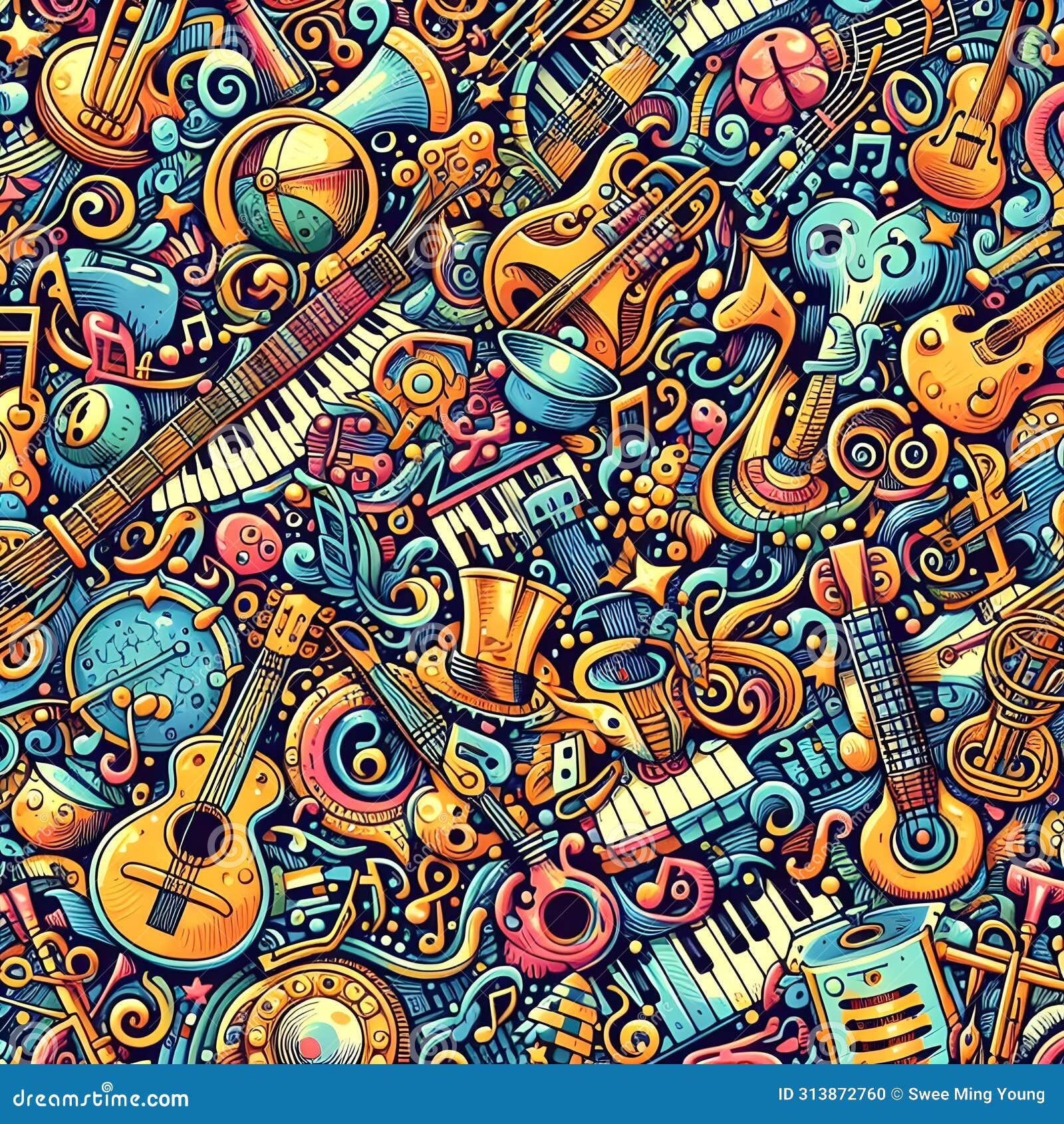 Image of Colorful Seamless Pattern with Doodled Musical Instruments and ...