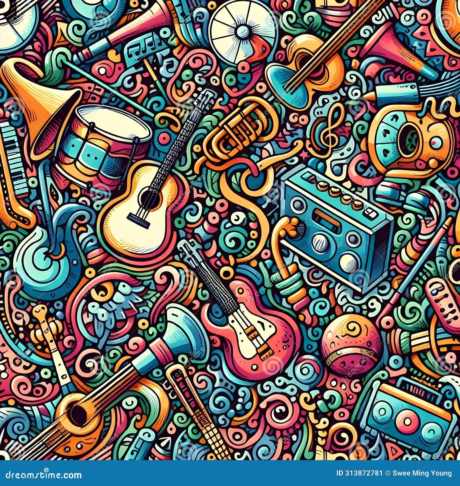 Image of Colorful Seamless Pattern with Doodled Musical Instruments and ...