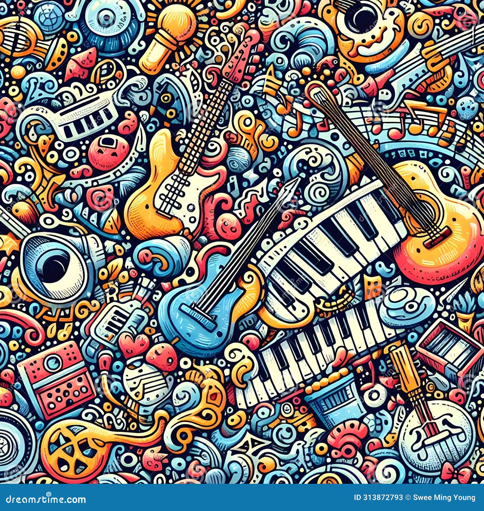 Image of Colorful Seamless Pattern with Doodled Musical Instruments and ...
