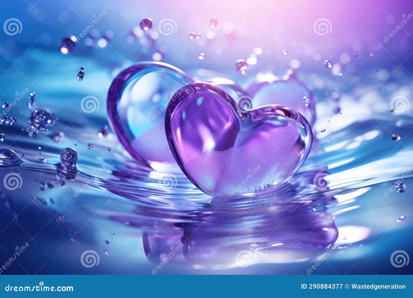 Glass Hearts Immersed in a Purple Water Splash with Drops Stock ...
