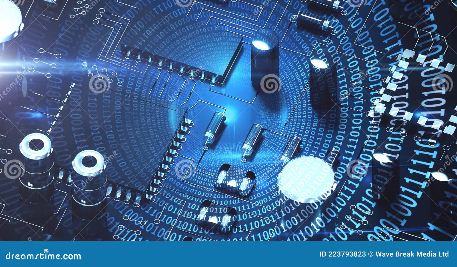 Image of Computer Circuit Board Elements and Binary Coding Over Blue ...