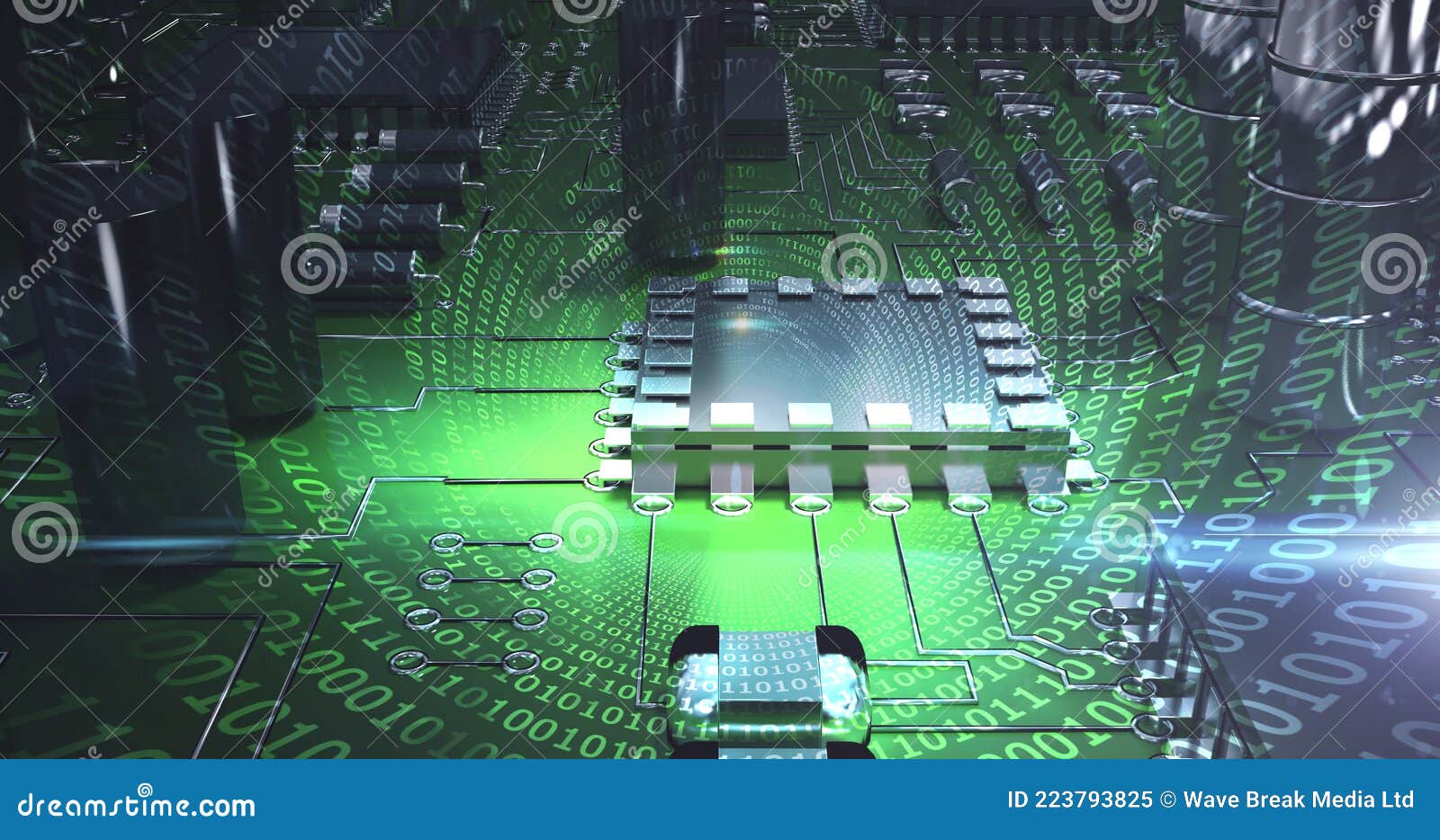 Image of Computer Circuit Board Elements and Binary Coding Over Green ...