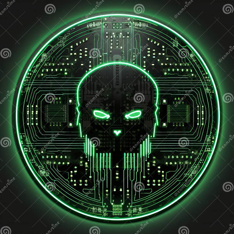 An Image of a Computer Circuit Board with Glowing Green Eyes Stock ...