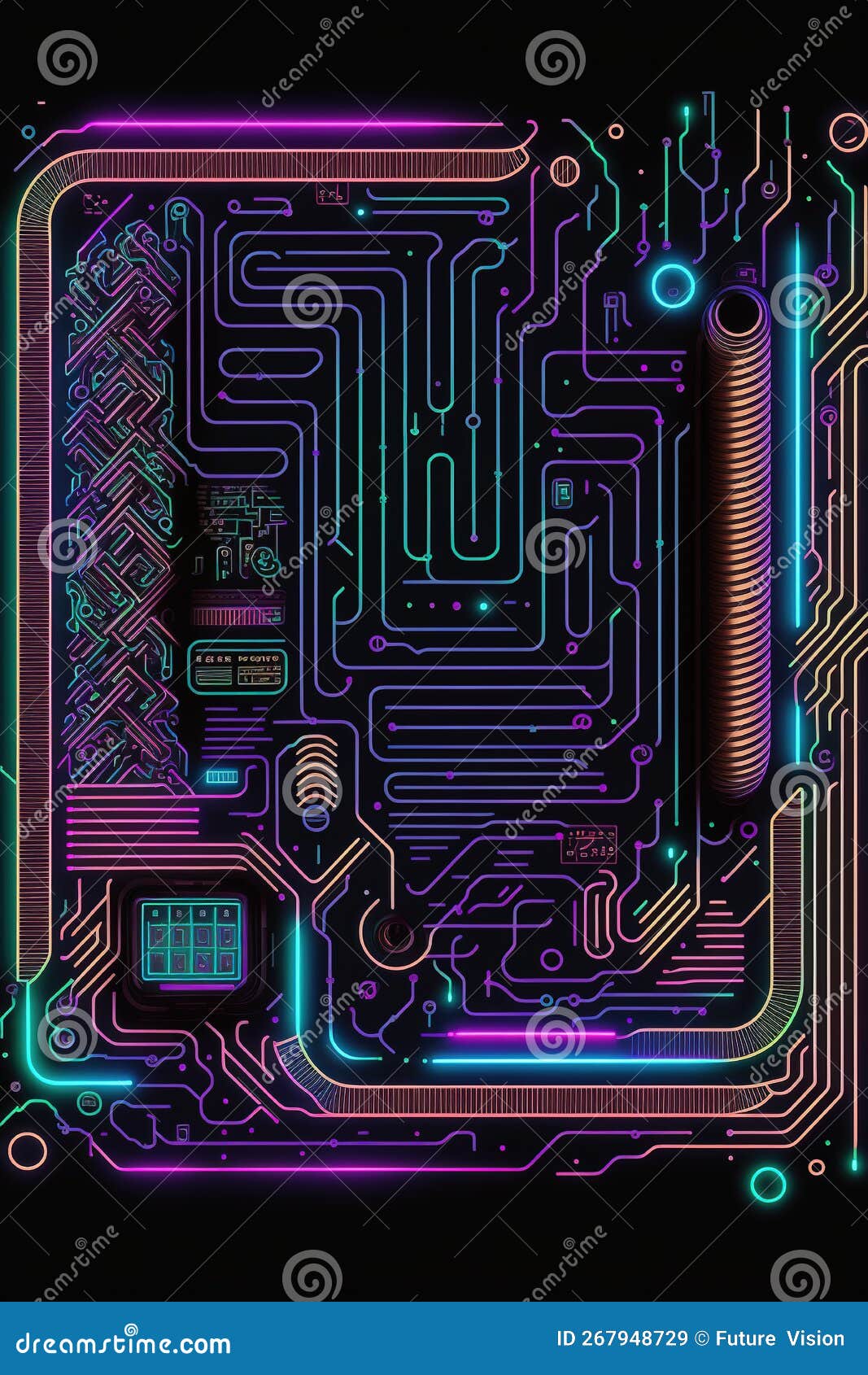 Image of Computer Circuit Board and Purple Light Trails on Dark ...