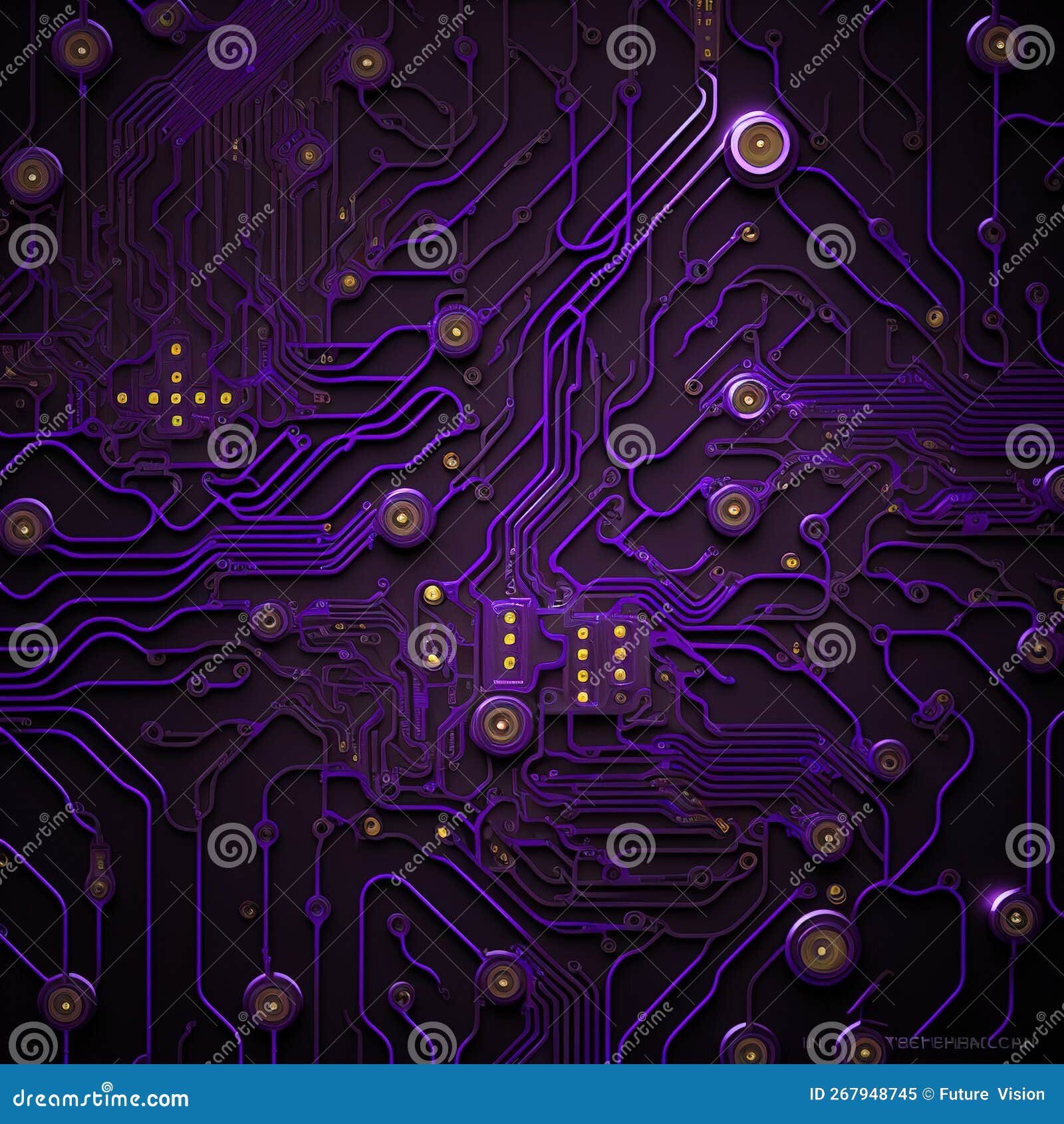 Image of Computer Circuit Board and Purple Light Trails on Dark ...