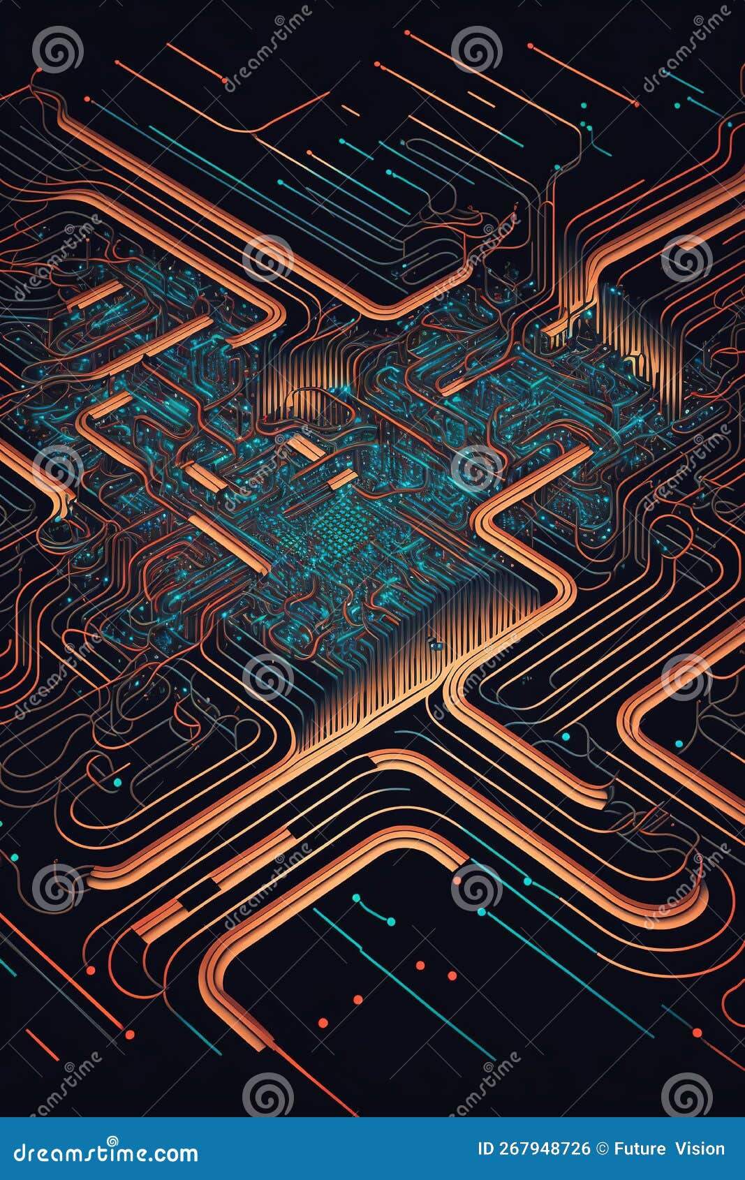 Image Of Computer Circuit Board And Red Light Trails On Dark Background
