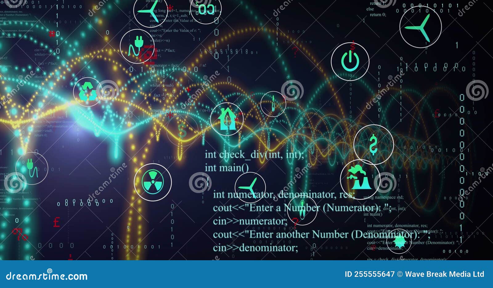 Image of Computer Icons with Colorful Spiral Patterns and Programming ...
