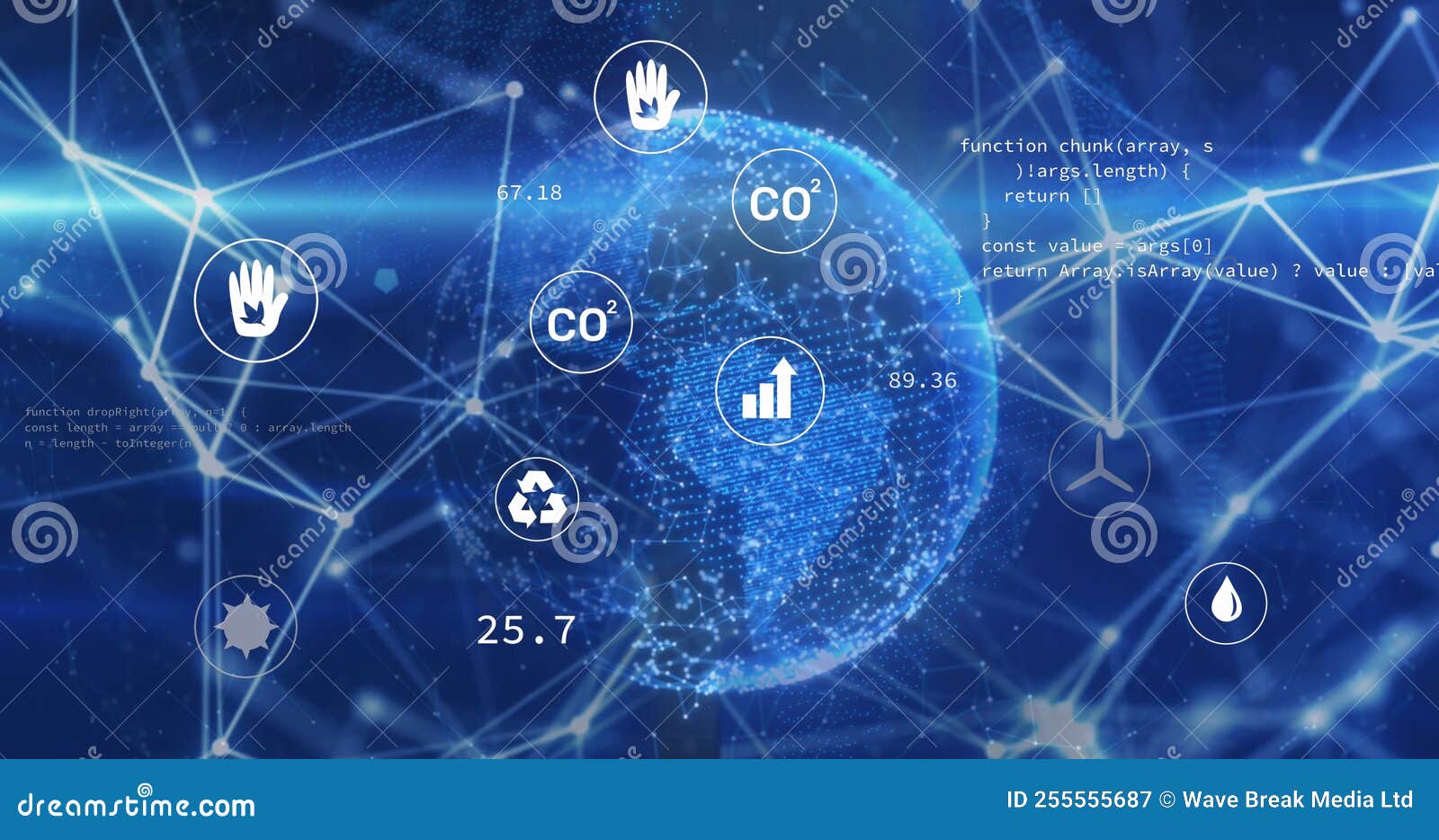 Image of Computer Icons with Dots Connected with Lines and Programming Data Against Globe Stock ...