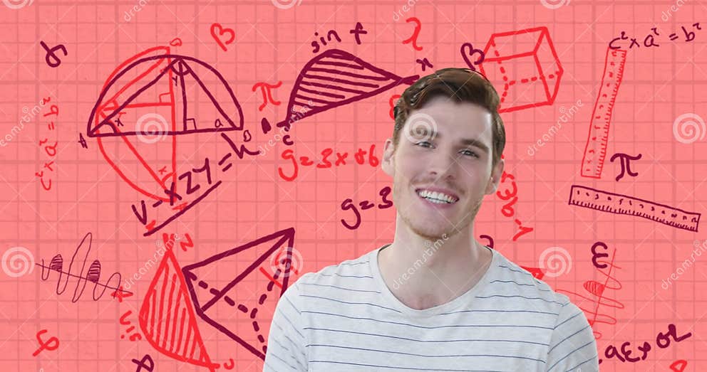 Image of Confident Caucasian Male Student Over Maths Equations and ...