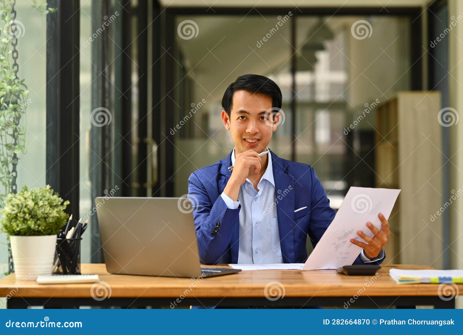 Image of Confident Male Analyst Working Bookkeeping Documents, Checking ...