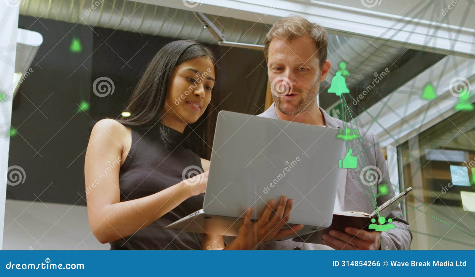 Image of Connected Computer Icons Forming Globe Over Diverse Coworkers ...