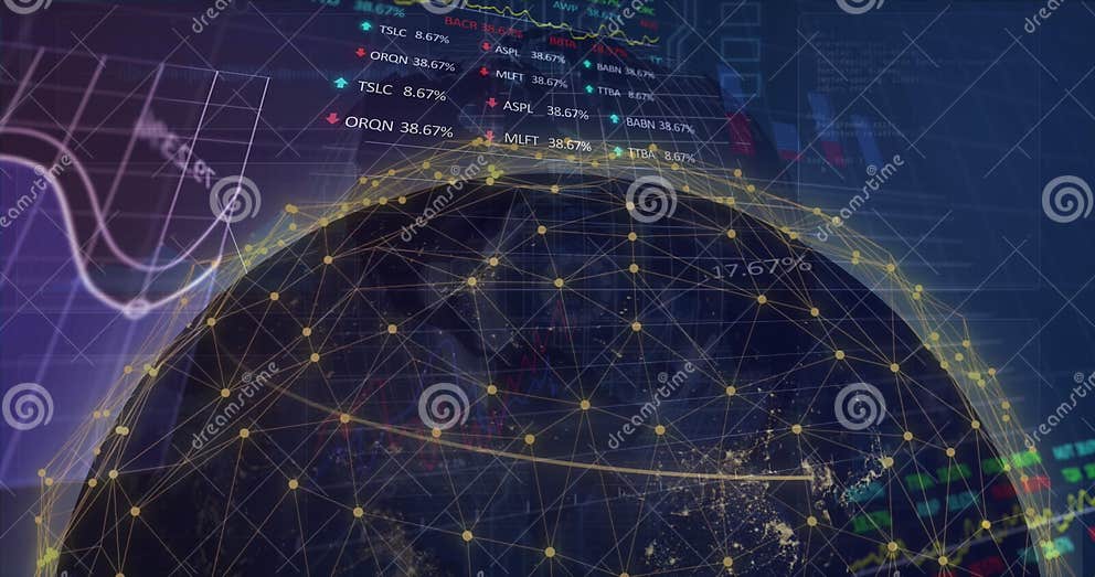 Image of Connected Dots Around Globe Over Graphs, Trading Board and ...