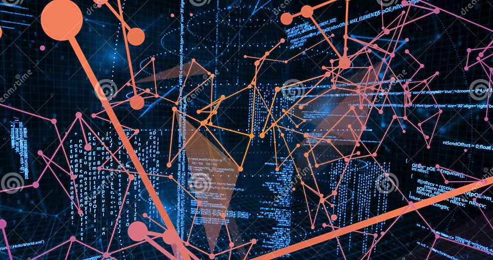 Image of Connected Dots Moving Over Binary Codes and Computer Language ...