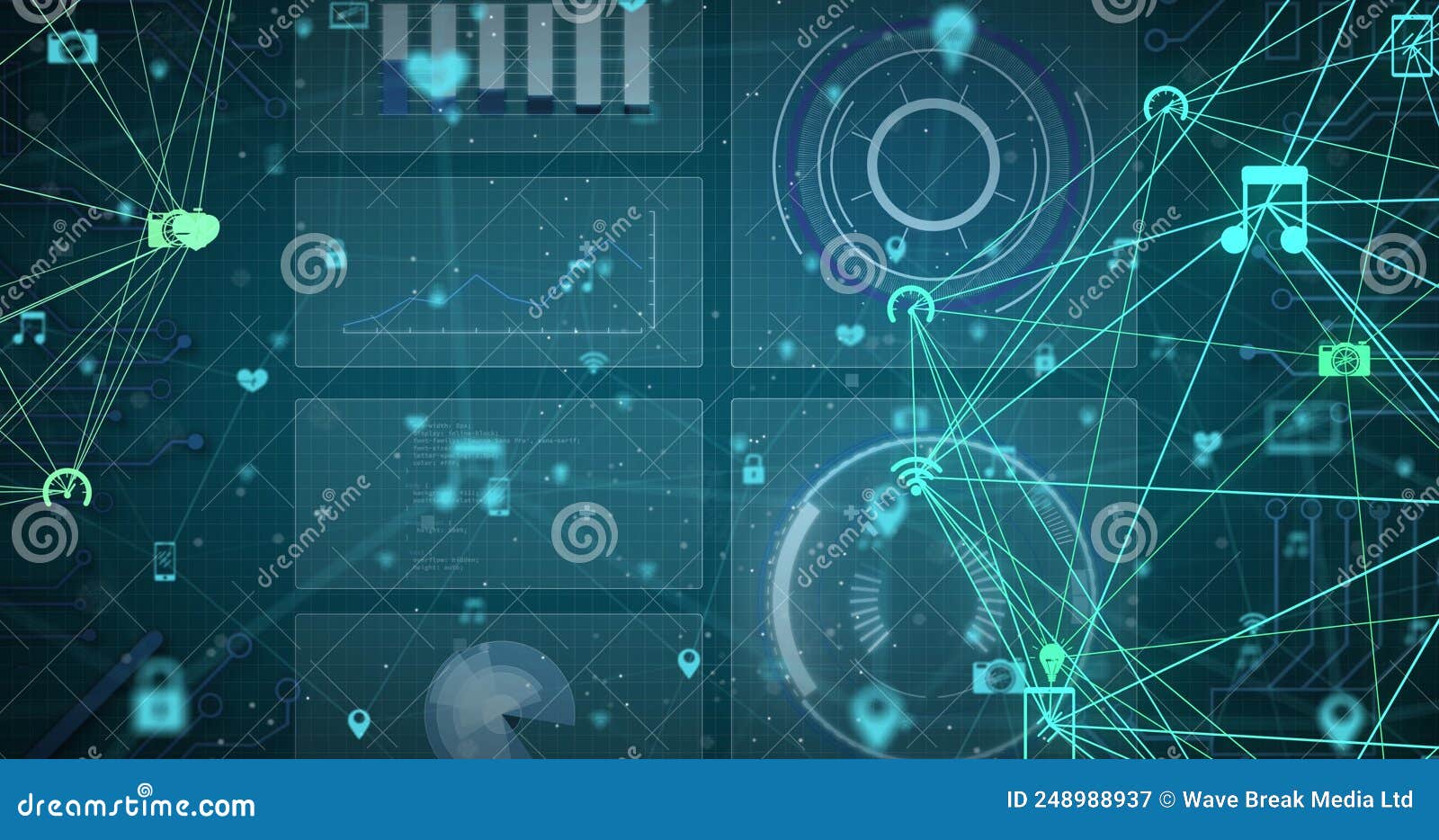 Image of Connections, Data and Icons on Green Background Stock ...