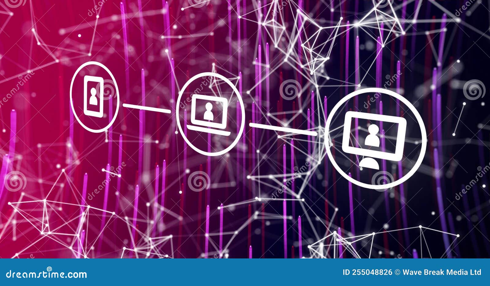 Image of Connections and Technology Icons Over Lights on Pink ...