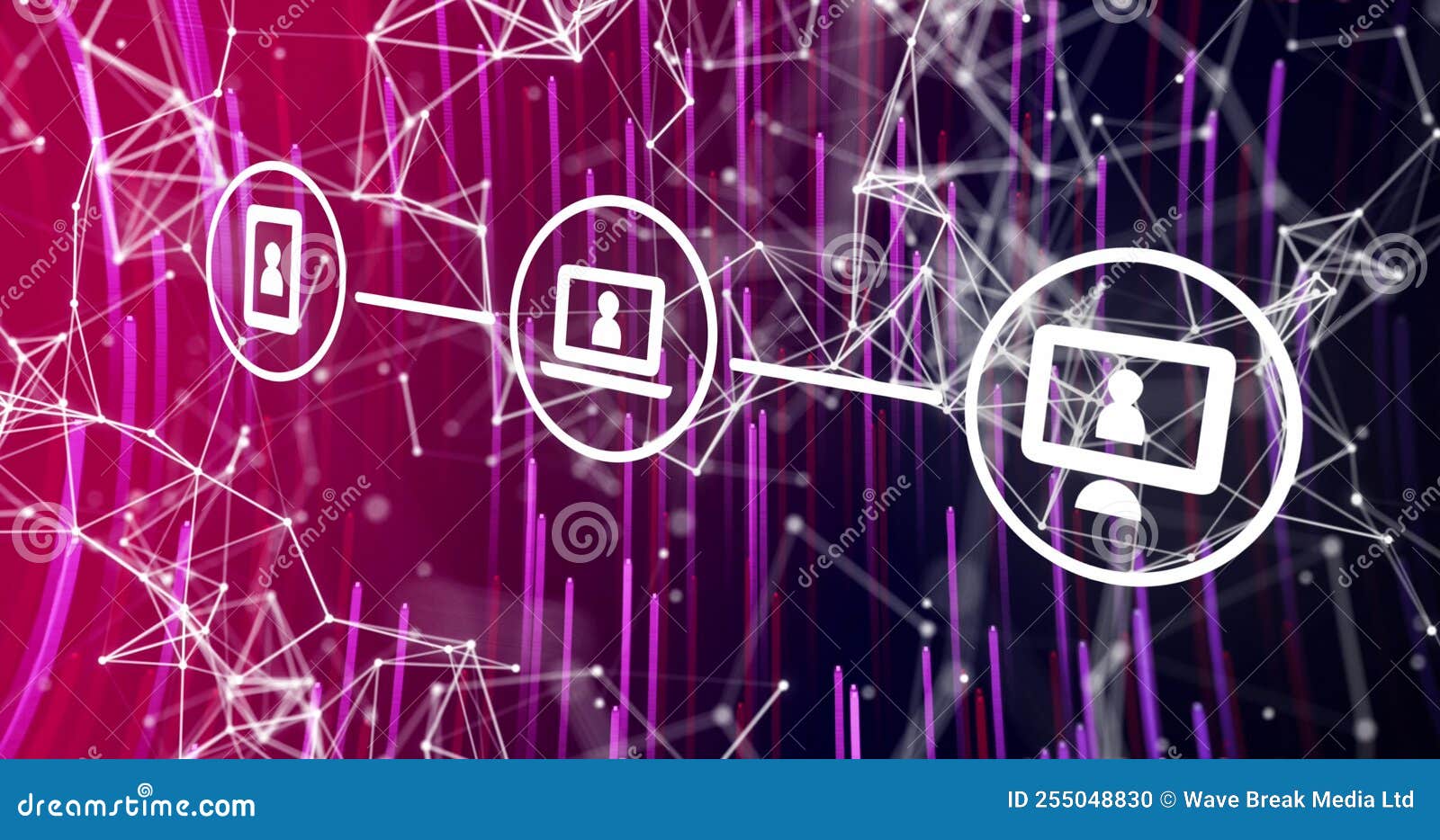 Image of Connections and Technology Icons Over Lights on Pink ...