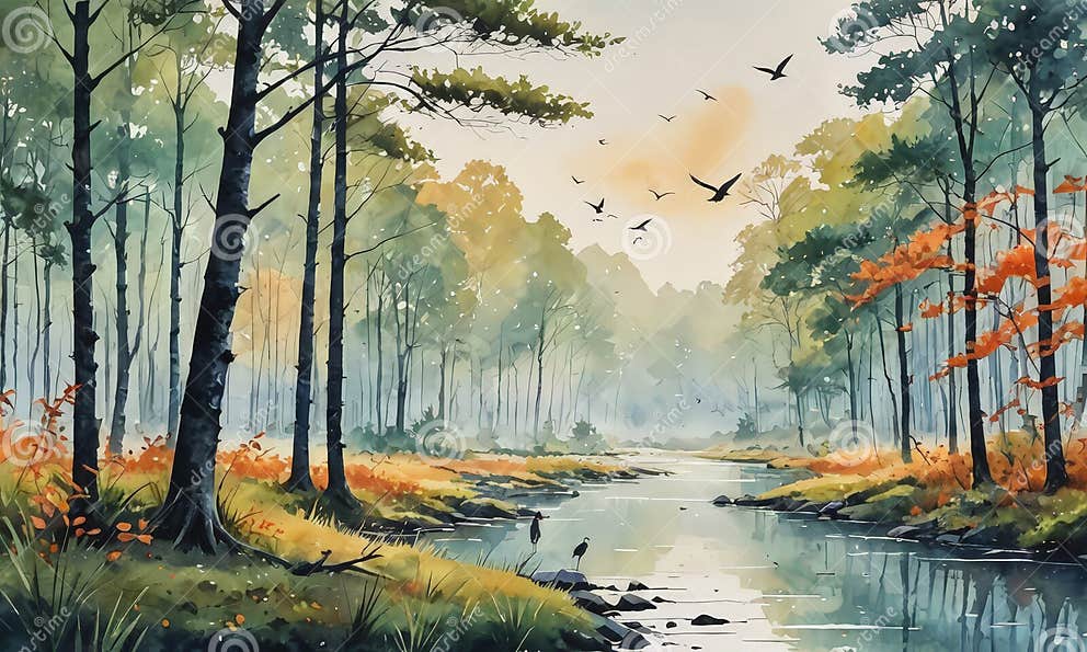 Painting Forest with Stream and Birds Flying Stock Illustration ...