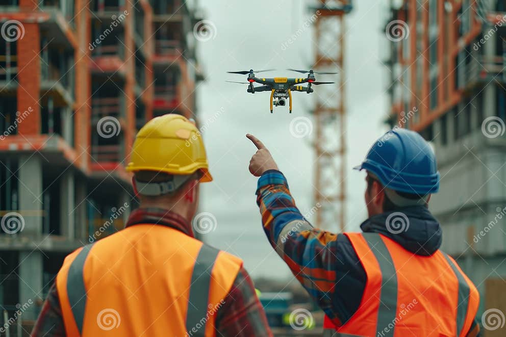 Construction Site with Two Workers Using a Drone. One Worker Points at ...