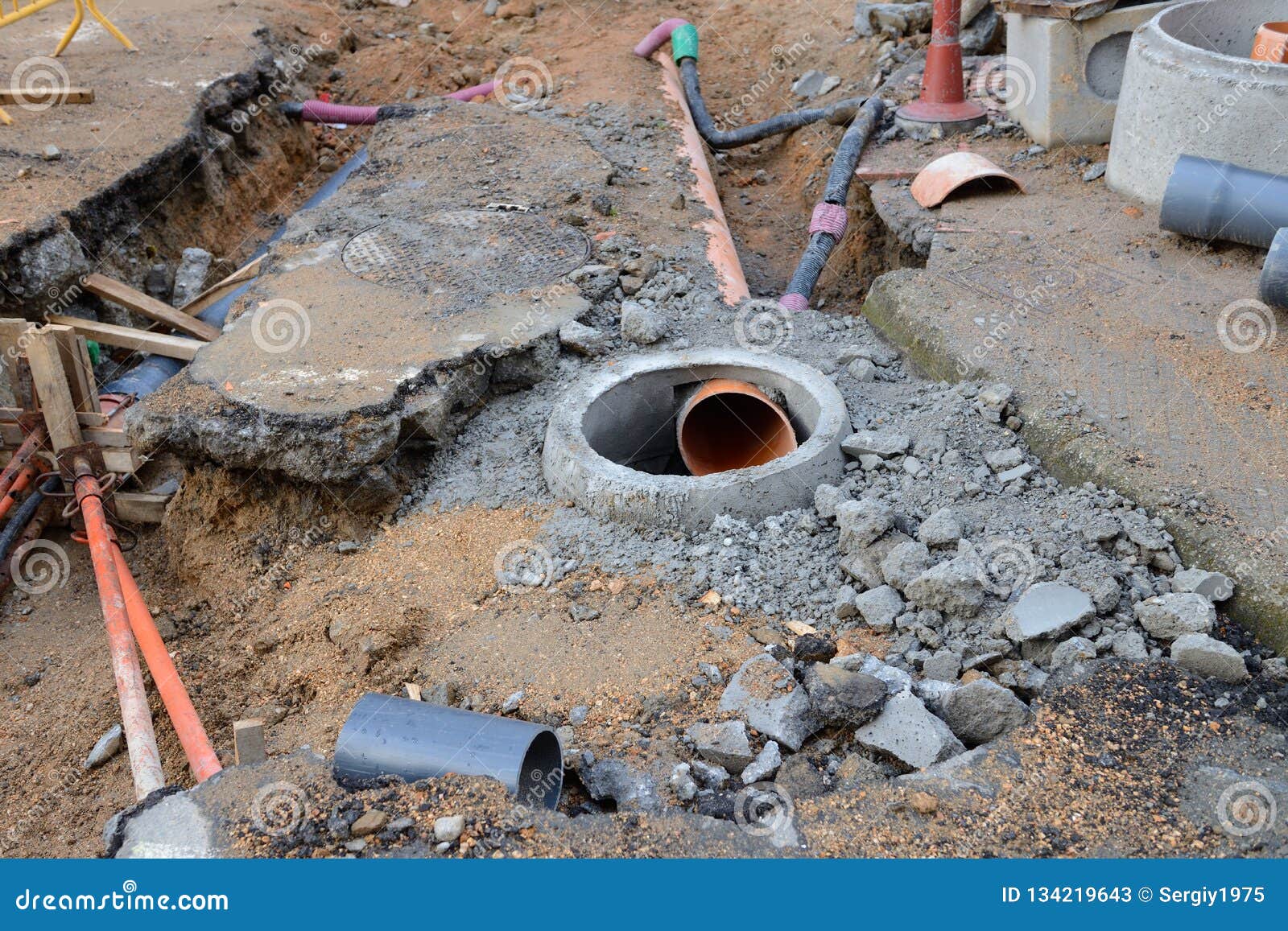 Construction Work on the Street, Sewage Stock Image - Image of cement ...