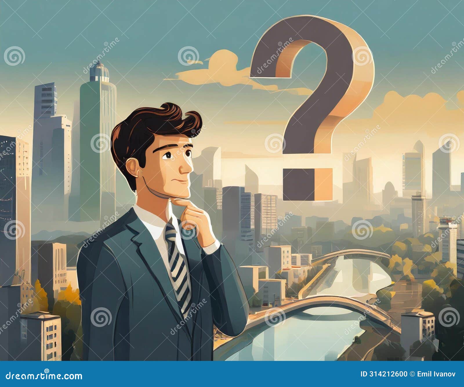 Illustration of a Pensive Businessman with a Large Question Mark in a ...